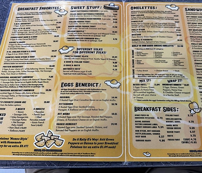 This isn't just a menu—it's a roadmap to breakfast nirvana with sections like "Different Yolks for Different Folks" that speak to your morning soul.