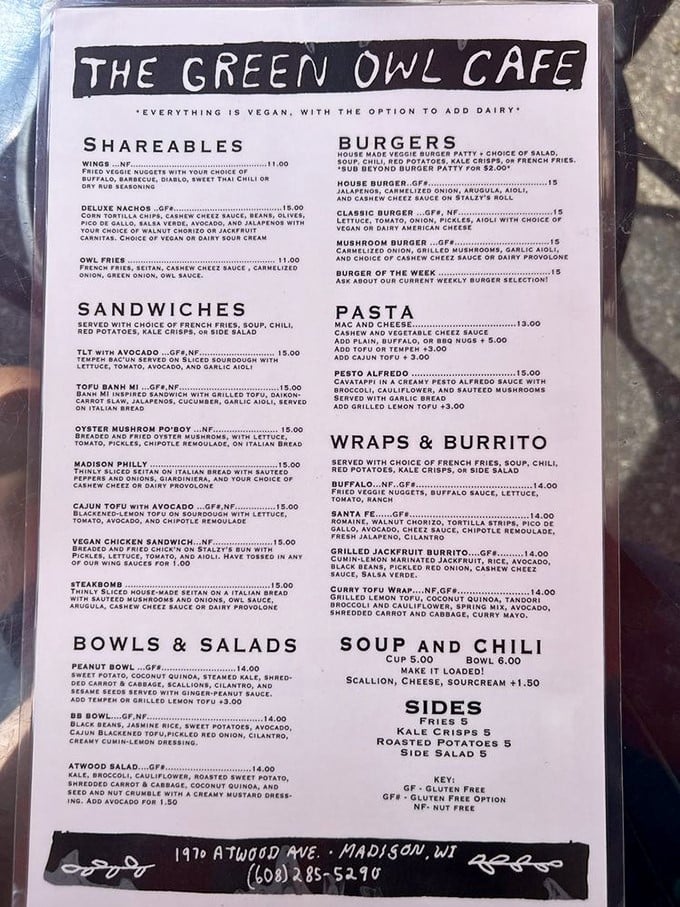 This menu isn't just plant-based—it's a manifesto declaring that "everything is vegan with the option to add dairy." Revolutionary thinking in America's Dairyland!