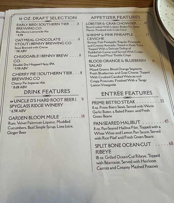 This menu isn't just a list of dishes—it's a declaration of culinary intent. The Split Bone Ocean-Cut Ribeye practically whispers your name.