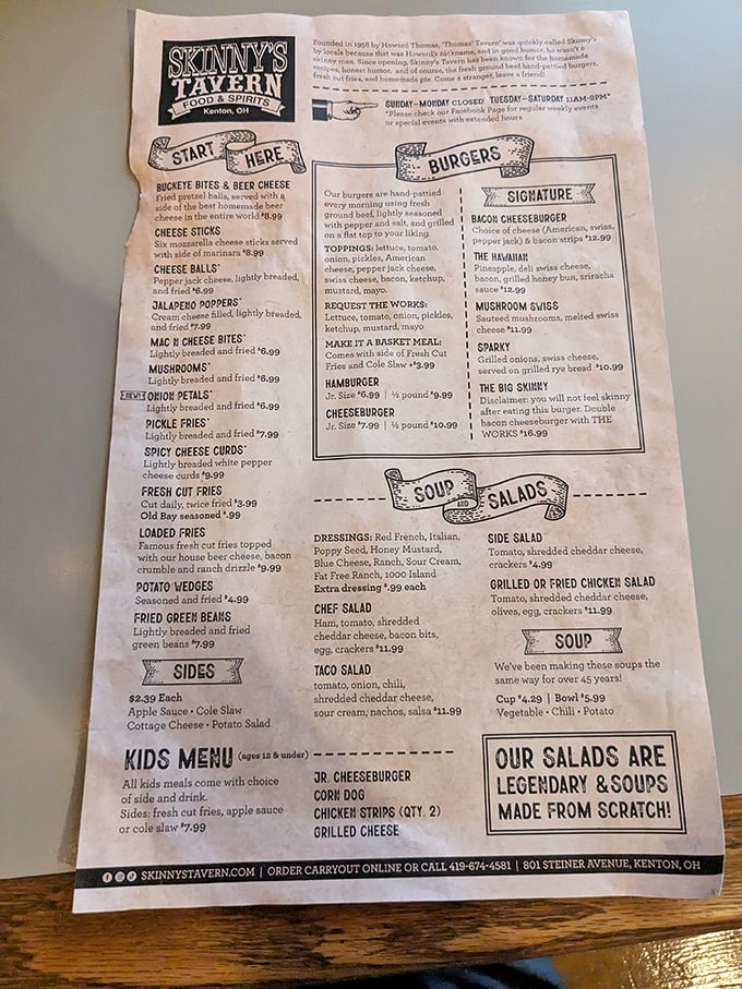 A menu that doesn't need spell check, just an appetite. Decades of burger perfection condensed into one page of no-nonsense options that promise satisfaction without pretension.
