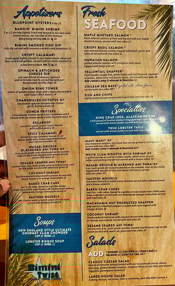 A menu that reads like poetry to seafood lovers. The Bangin' Bimini Shrimp alone is worth the trip across state lines.
