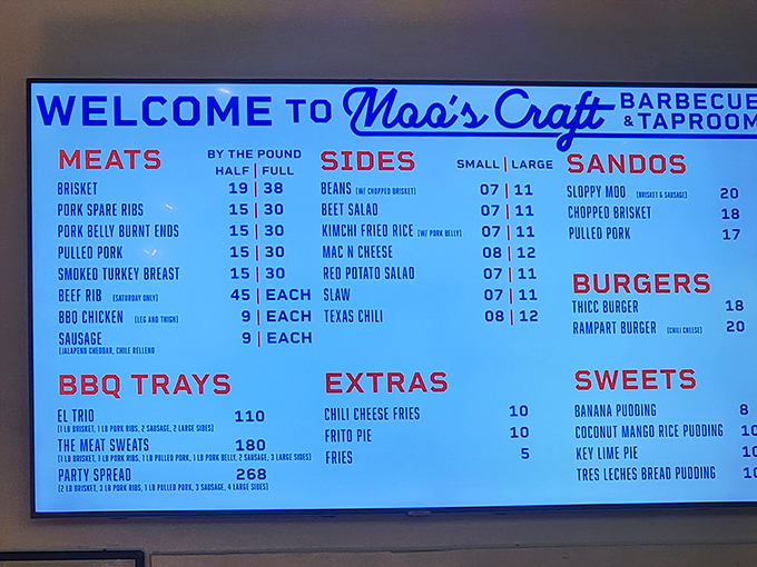 This menu board isn't just information – it's a roadmap to happiness. Choose your own smoked meat adventure.