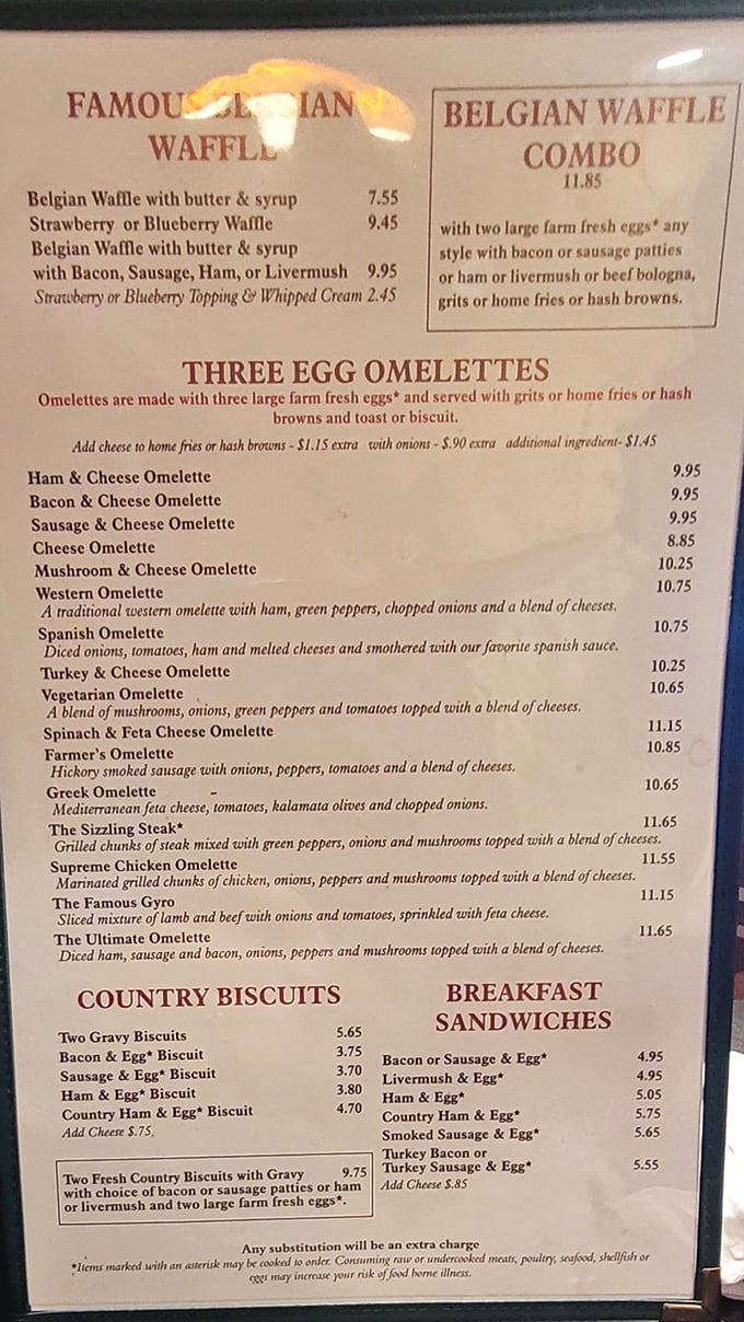 This menu isn't just a list of food—it's a roadmap to happiness. The Belgian waffle section alone deserves its own ZIP code.