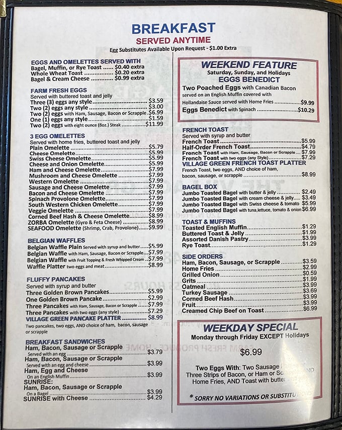 This menu reads like a love letter to breakfast classics. No molecular gastronomy here—just the timeless hits that never need remixing.