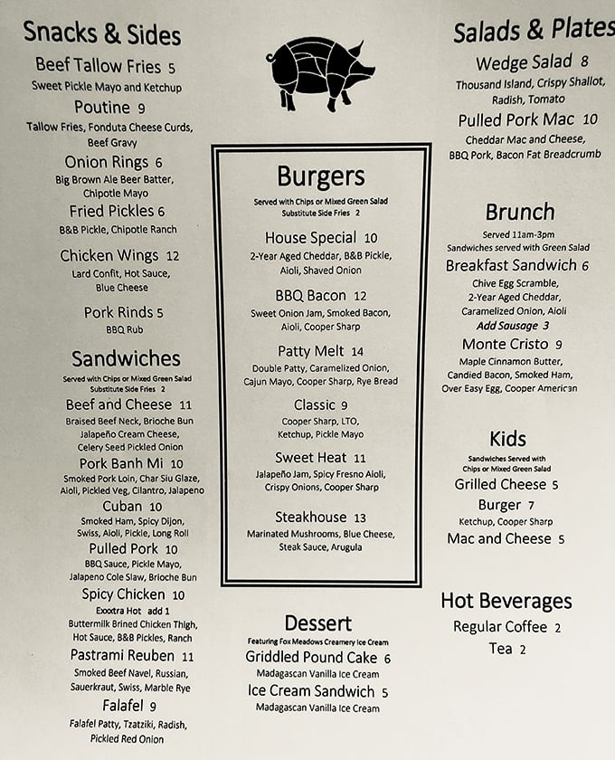 This menu isn't just a list—it's a roadmap to happiness. The pig illustration in the center knows exactly what you're in for.
