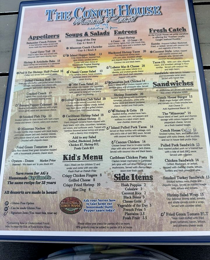 This menu isn't just a list of dishes—it's a treasure map to seafood nirvana, with Minorcan Conch Chowder marking the X.