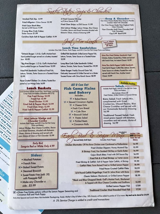 This menu isn't just a list of dishes—it's a roadmap to happiness. The "All U Can Eat Fish Camp Fixins" section alone deserves its own zip code.