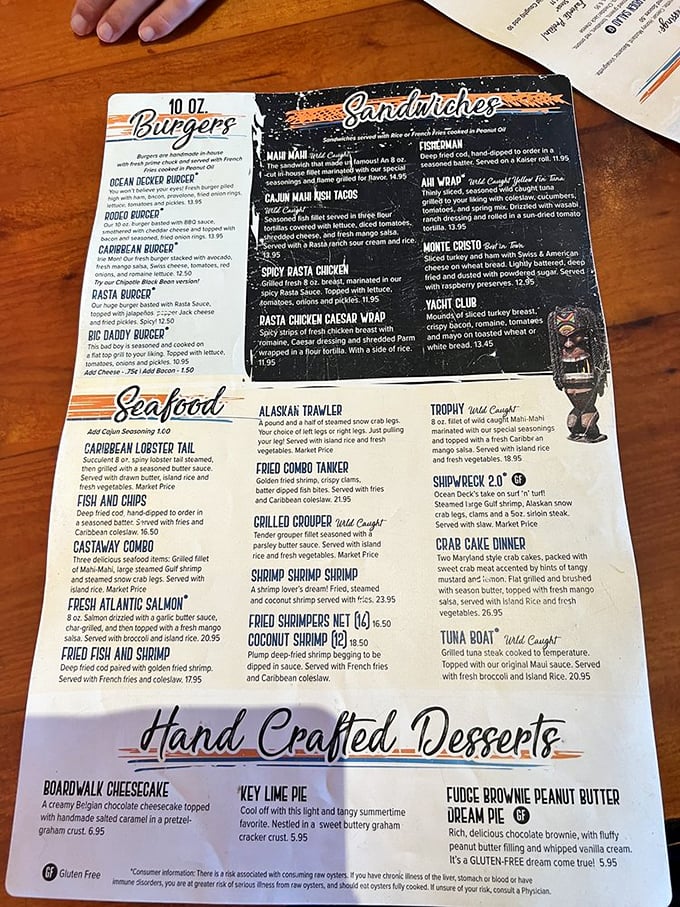 This isn't just a menu—it's a maritime treasure map where X marks the spot for Caribbean Lobster Tail and Shrimp Shrimp Shrimp.