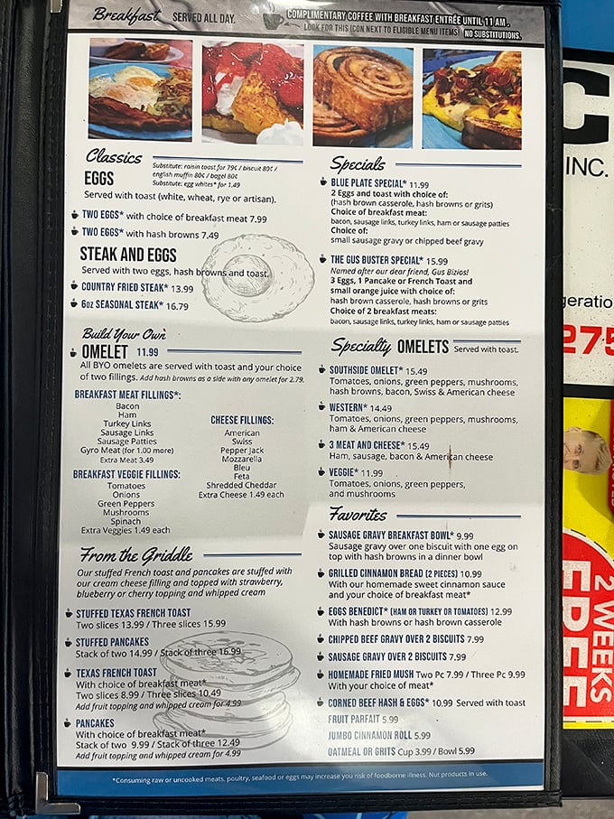 This menu isn't just a list of options—it's a roadmap to breakfast nirvana. The Gus Buster Special calls your name!