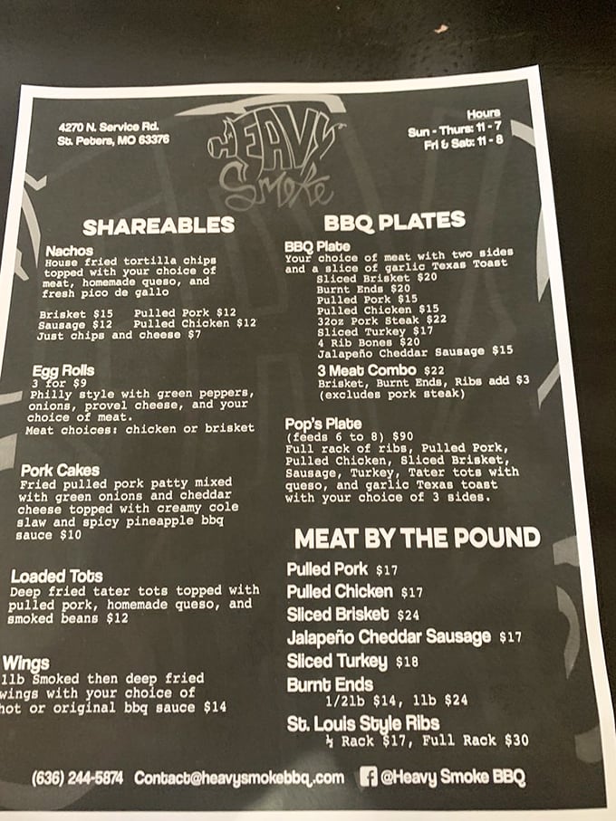 A menu that reads like barbecue poetry. Each item promises smoky delights that would make even the most dedicated cardiologist consider a cheat day.