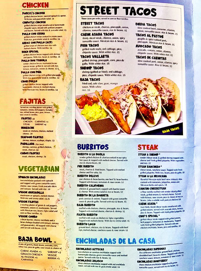 This menu isn't just reading material – it's a roadmap to flavor town with street tacos leading the delicious expedition.