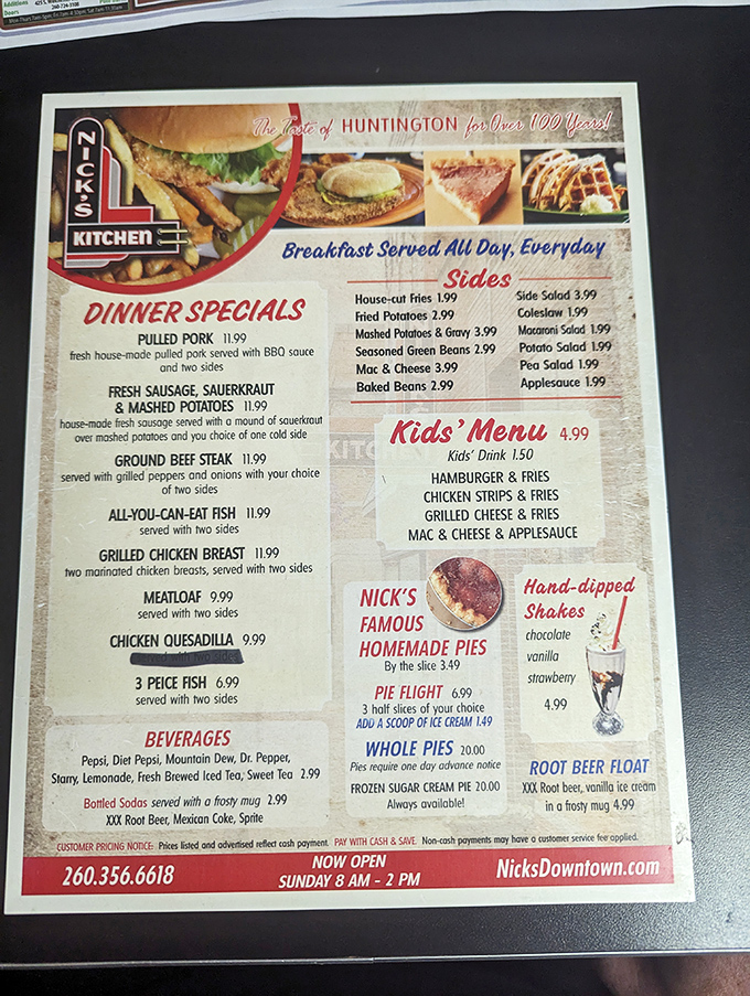 A menu that reads like a love letter to Midwest comfort food. Breakfast all day? That's not convenience—that's civilization at its finest.