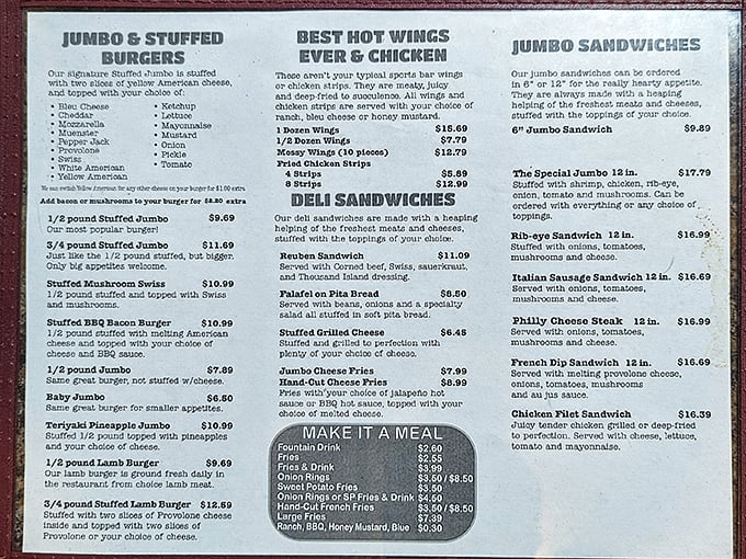 A menu that doesn't mess around. When they say "Jumbo & Stuffed," they're making a promise, not a suggestion.