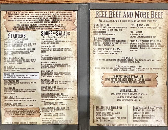 The menu reads like a love letter to carnivores – "Beef, Beef and More Beef" isn't just a section title, it's a solemn promise.