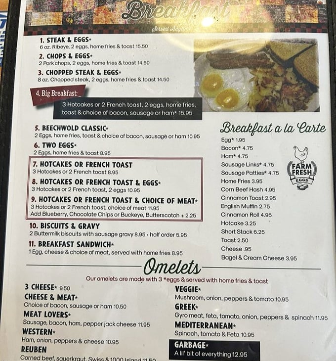 This menu isn't trying to impress anyone with fancy fonts or pretentious descriptions—just solid diner classics that have stood the test of time.