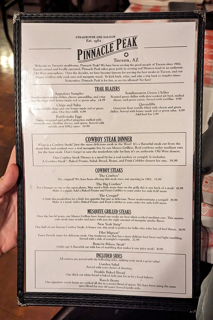 A menu that gets straight to the point: spectacular steaks and no ties allowed. The "Cowboy Steak" isn't just a name—it's a lifestyle choice.