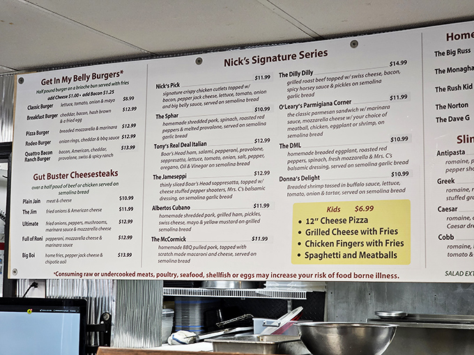 The menu board reads like a love letter to excess. "Get In My Belly Burgers" isn't just cute wordplay—it's a mission statement.