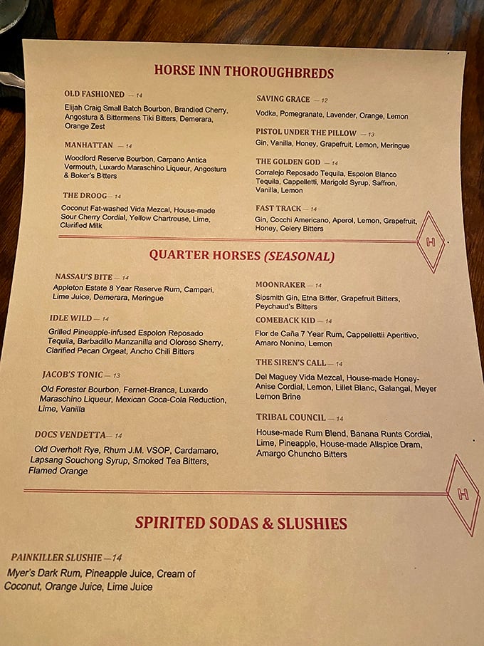 The cocktail menu reads like poetry for thirsty souls – "Thoroughbreds" and "Quarter Horses" galloping through a landscape of premium spirits and house-made ingredients.