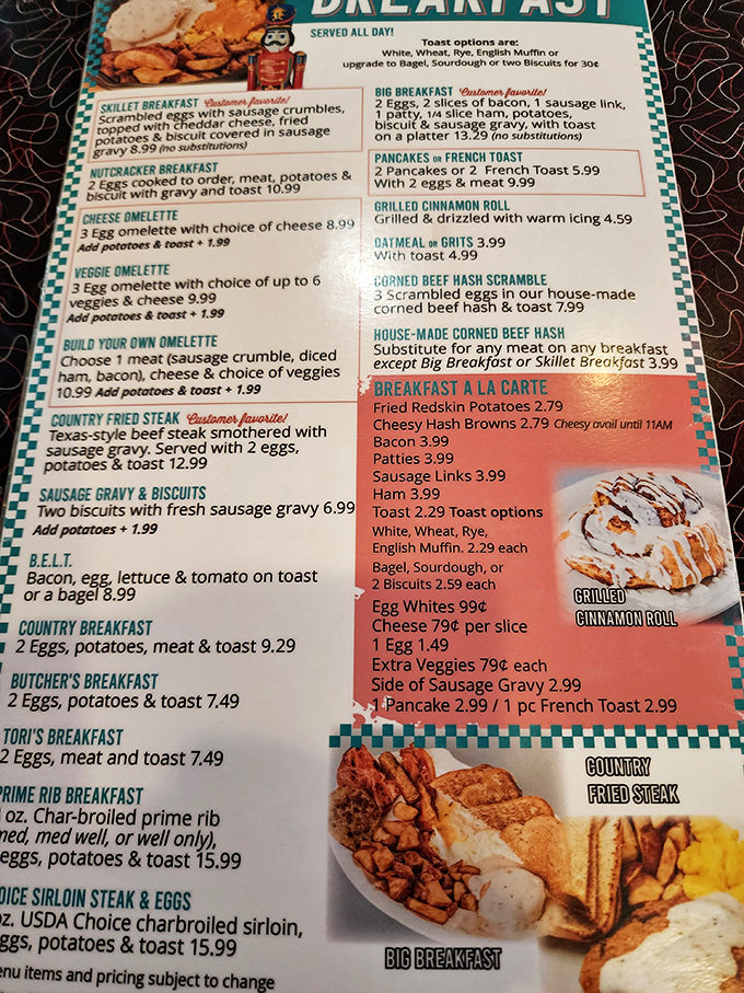A menu that reads like a love letter to American comfort food. Breakfast all day? That's not just convenience—that's freedom in culinary form!