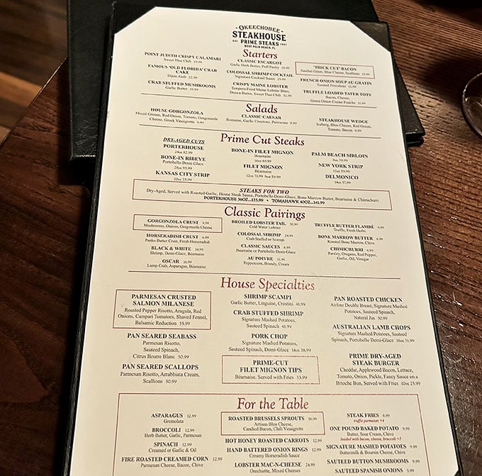 A menu that doesn't need trendy buzzwords to impress—just straightforward promises of prime beef and classic accompaniments.