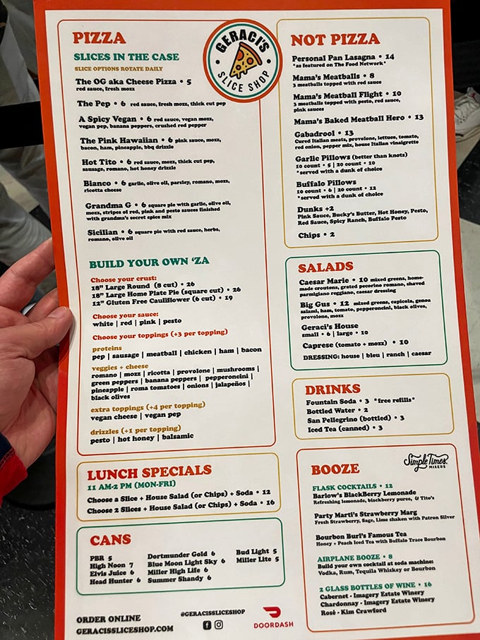 The menu reads like a love letter to pizza possibilities, from "The OG" cheese to "Grandma G" with her secret spice mix.