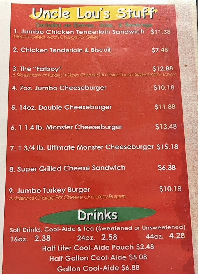 "The Fatboy" isn't just a sandwich—it's a commitment. This menu doesn't mess around with fancy descriptions; it lets the food speak for itself.