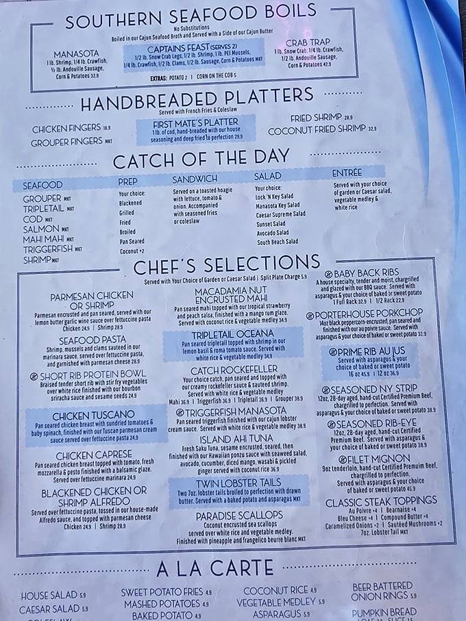 This menu isn't messing around—from Southern Seafood Boils to Chef's Selections, it's the kind of lineup that makes decision-making deliciously difficult.