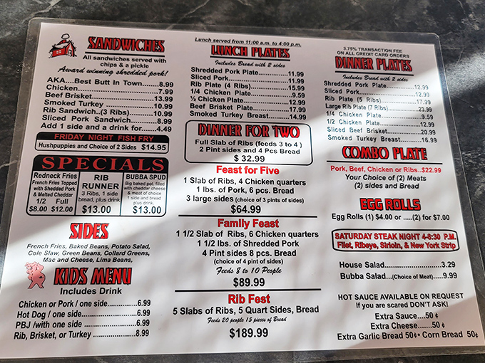 This isn't just a menu—it's a roadmap to happiness. The "if you are scared DON'T ASK!" hot sauce warning isn't kidding around.