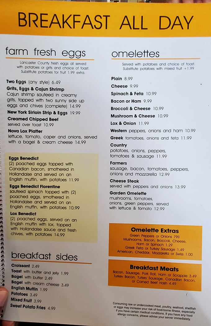 The breakfast menu reads like a love letter to morning indulgence. "All day" are the two most beautiful words in diner language.