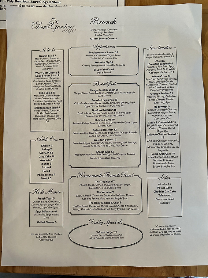 This menu isn't just a list—it's a roadmap to culinary bliss. The breakfast section alone could solve most of life's problems.