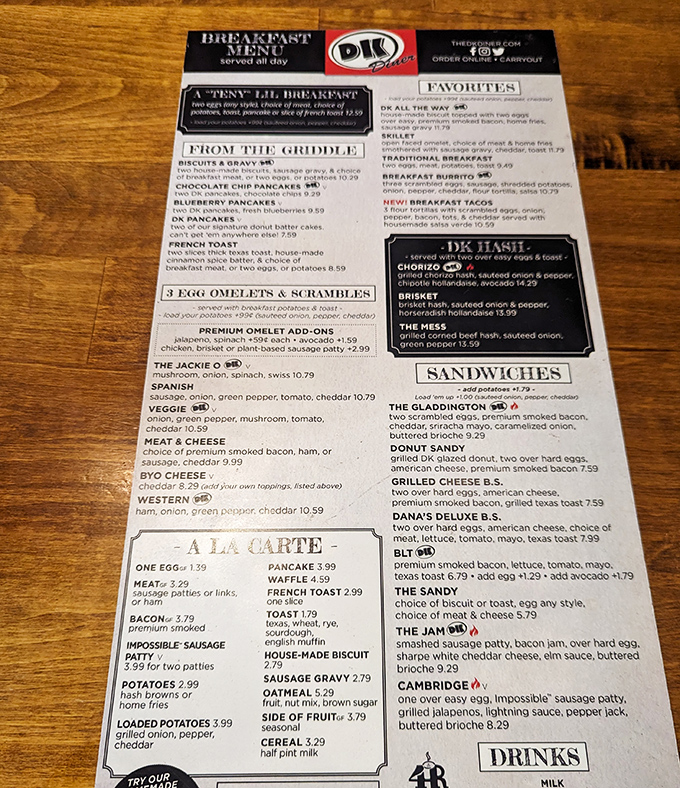 A menu that doesn't need fancy fonts or flowery descriptions—just straightforward breakfast magic that speaks the universal language of "you're going to need a nap after this." 