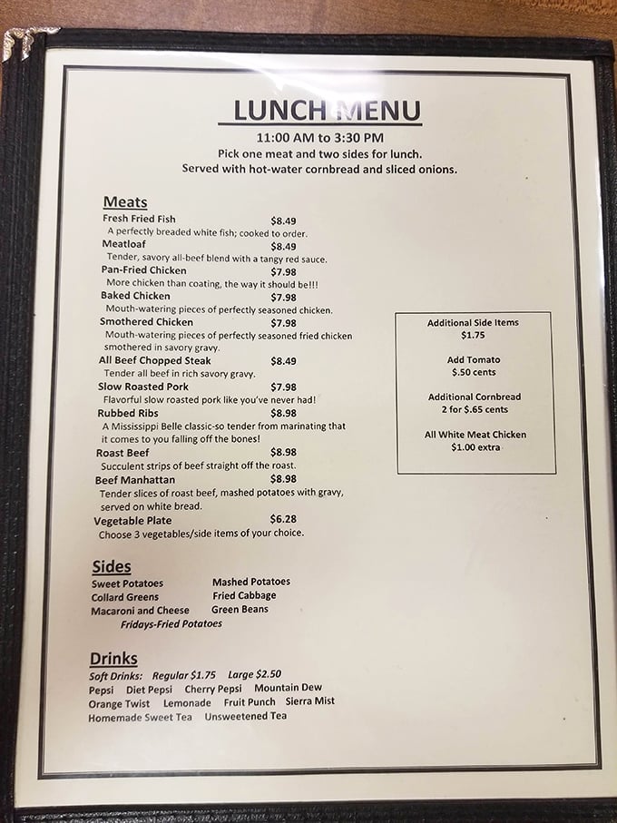 This menu reads like a love letter to Southern cuisine—each description promising more chicken than coating, "the way it should be!!"