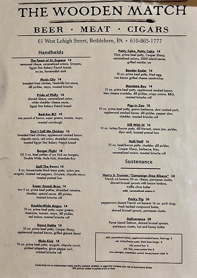 A menu that reads like a love letter to comfort food. "Beer, Meat, Cigars" isn't just a tagline—it's a lifestyle philosophy worth embracing.