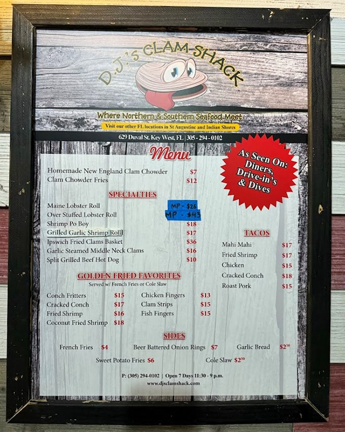 A menu that reads like seafood poetry—where Northern and Southern traditions meet in delicious harmony on a weathered wooden board.