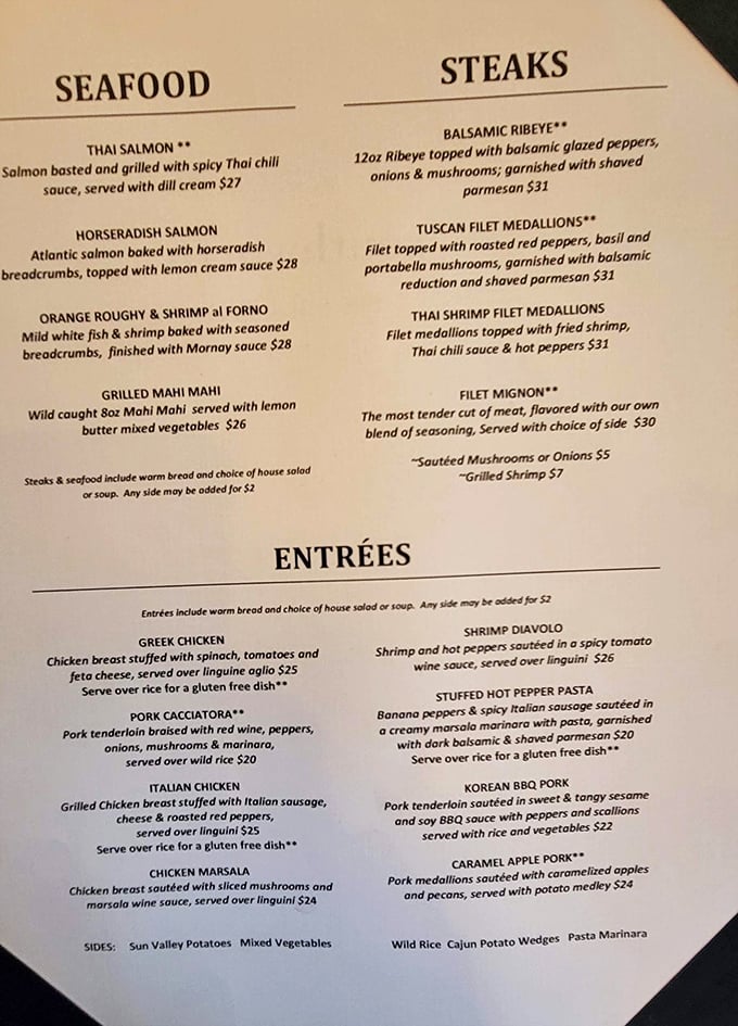 A menu that reads like a love letter to fine dining—where every dish tells a story and the filet mignon whispers sweet nothings to steak lovers.