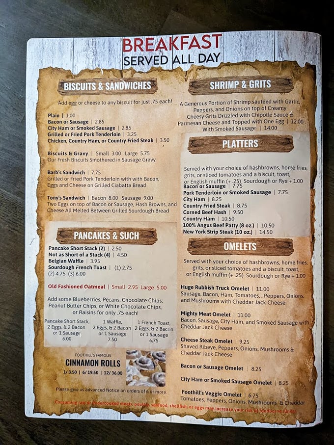 This menu isn't just a list of food—it's a roadmap to happiness. The "Breakfast Served All Day" header is basically poetry.