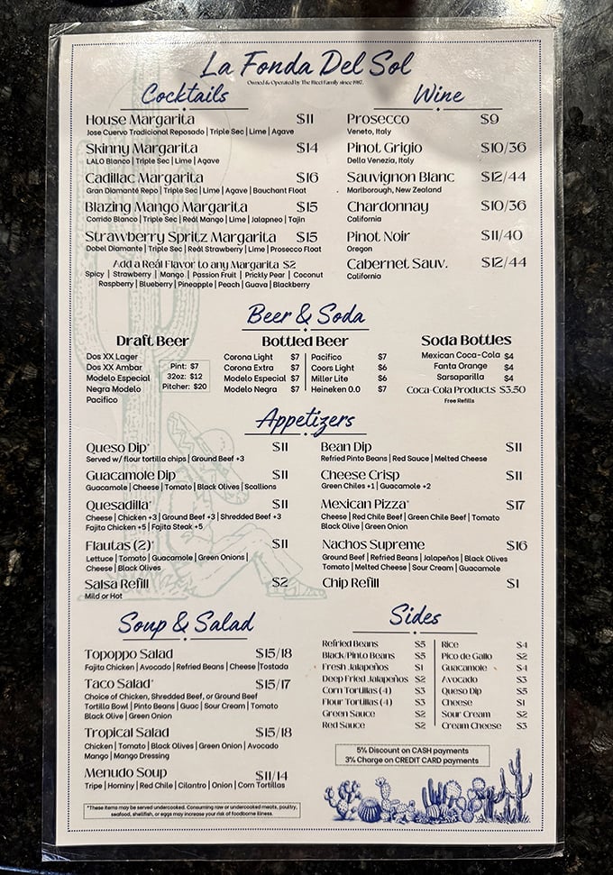 The menu reads like a love letter to Mexican cuisine—from house margaritas to nachos supreme, each offering promises a flavor fiesta worth celebrating.