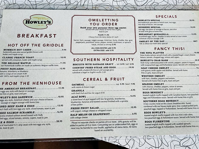 Breakfast served all day—because pancake cravings don't follow clocks. Howley's menu reads like a love letter to comfort food classics.