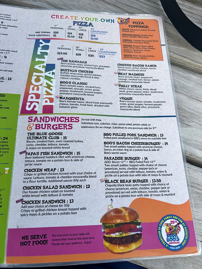 Menu decisions, menu decisions! From specialty pizzas to the intriguingly named "Blue Goose" sandwich, Papa Boo's offerings read like a vacation for your taste buds.