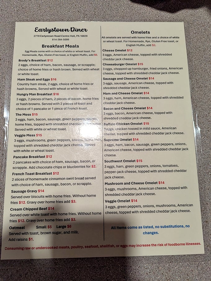 This menu isn't just a list of food—it's a roadmap to happiness. The omelet section alone deserves its own zip code.