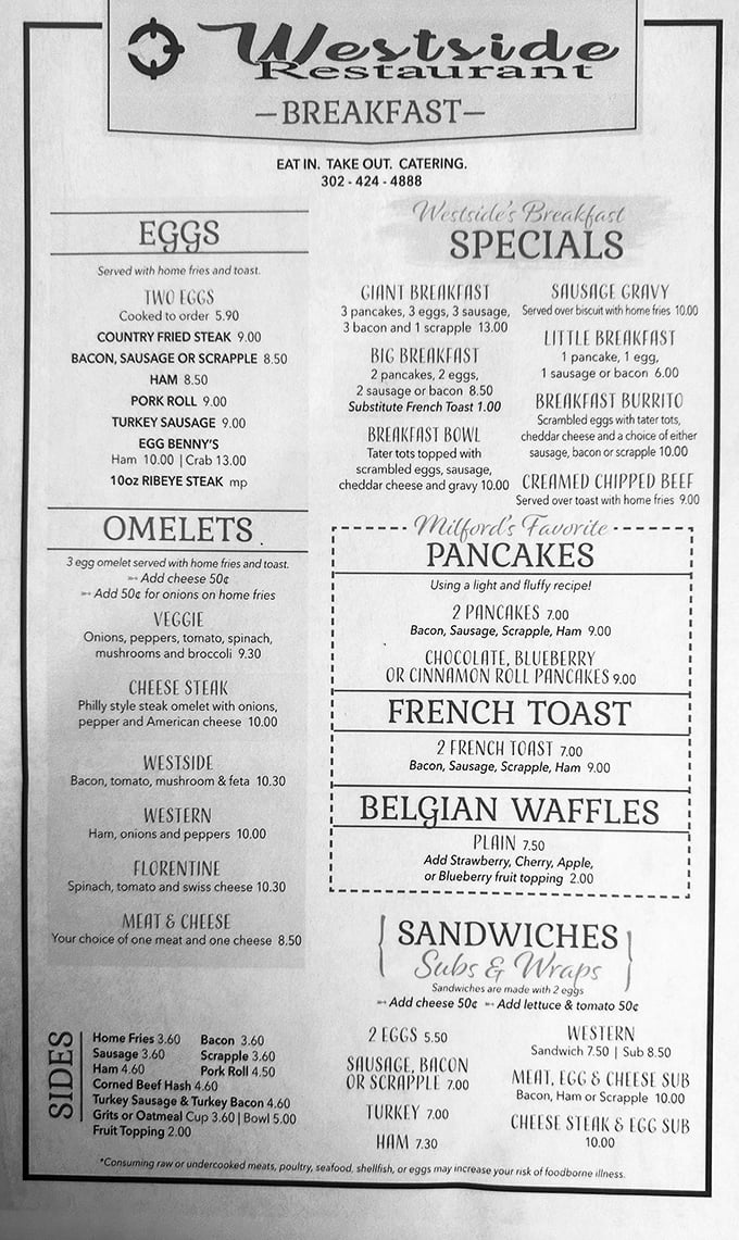 This menu isn't just a list of options—it's a roadmap to happiness with scrapple as your trusty Delaware compass.