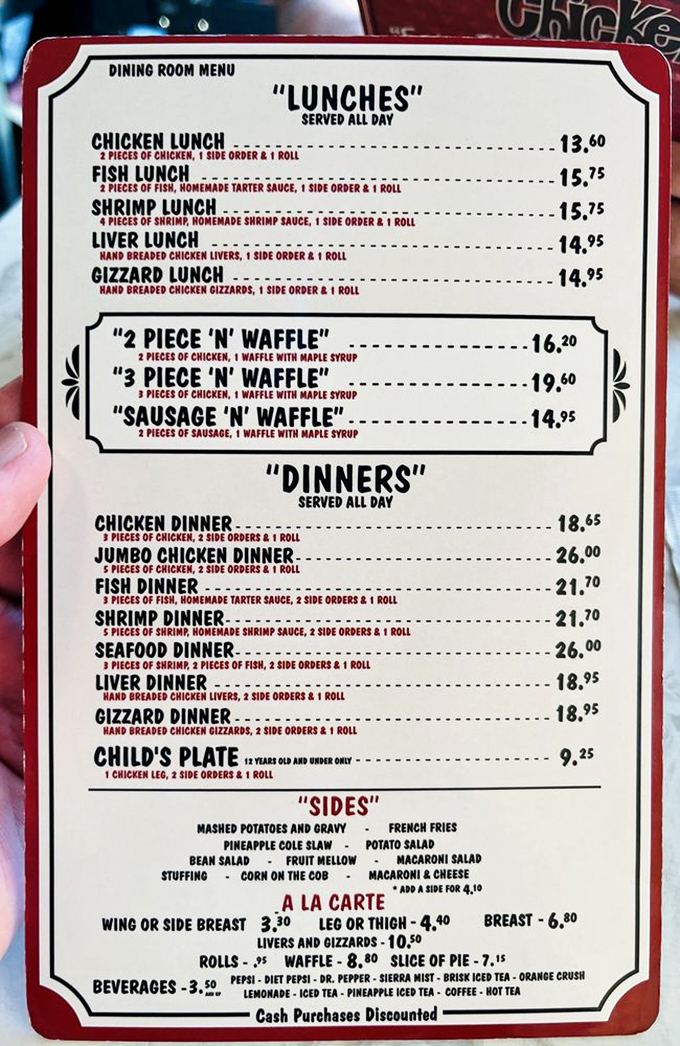 This menu isn't just a list—it's a roadmap to happiness. From chicken lunches to the legendary "Piece 'N' Waffle" combinations, every option promises a delicious detour from your diet.