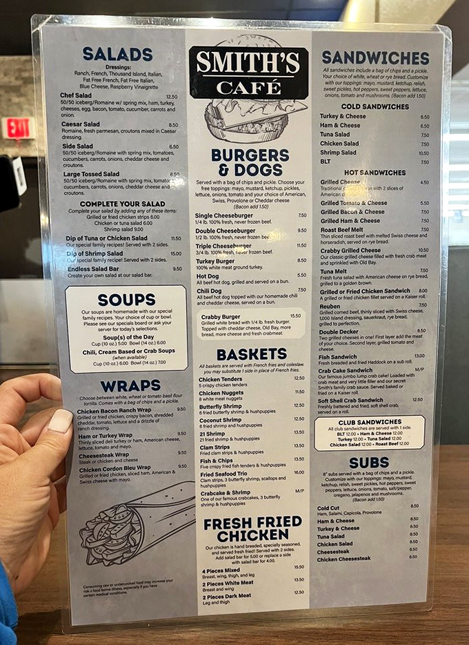 This menu isn't just laminated – it's a roadmap to happiness. From burgers to crab cakes, it's the Delaware equivalent of finding the Holy Grail.
