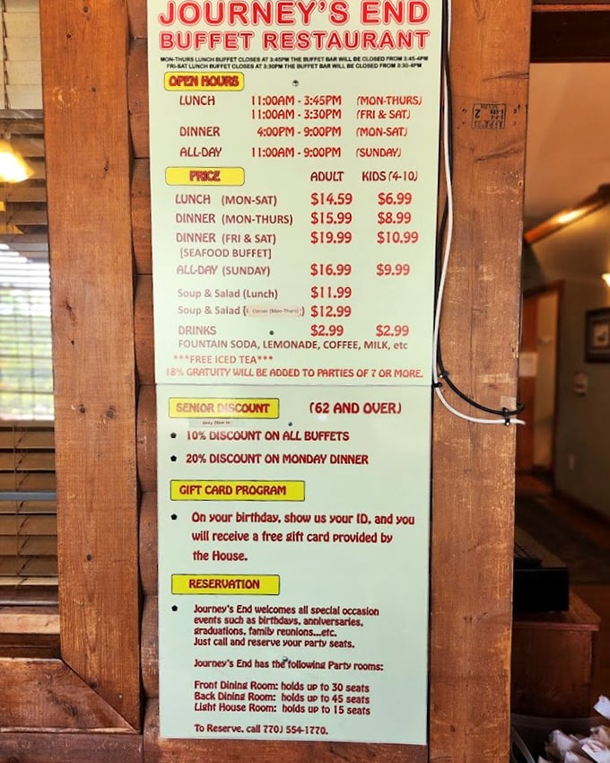 This menu board tells the whole delicious story—buffet options for every appetite and a promise of free iced tea that feels like Southern hospitality in liquid form.