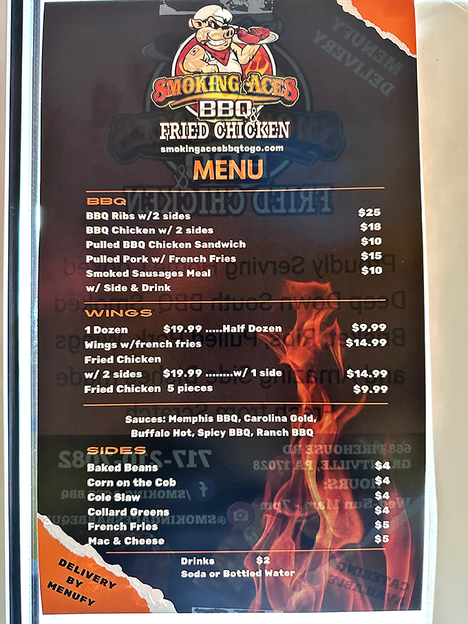 A menu that cuts right to the chase—no flowery descriptions needed when your barbecue speaks volumes through smoke and fire.