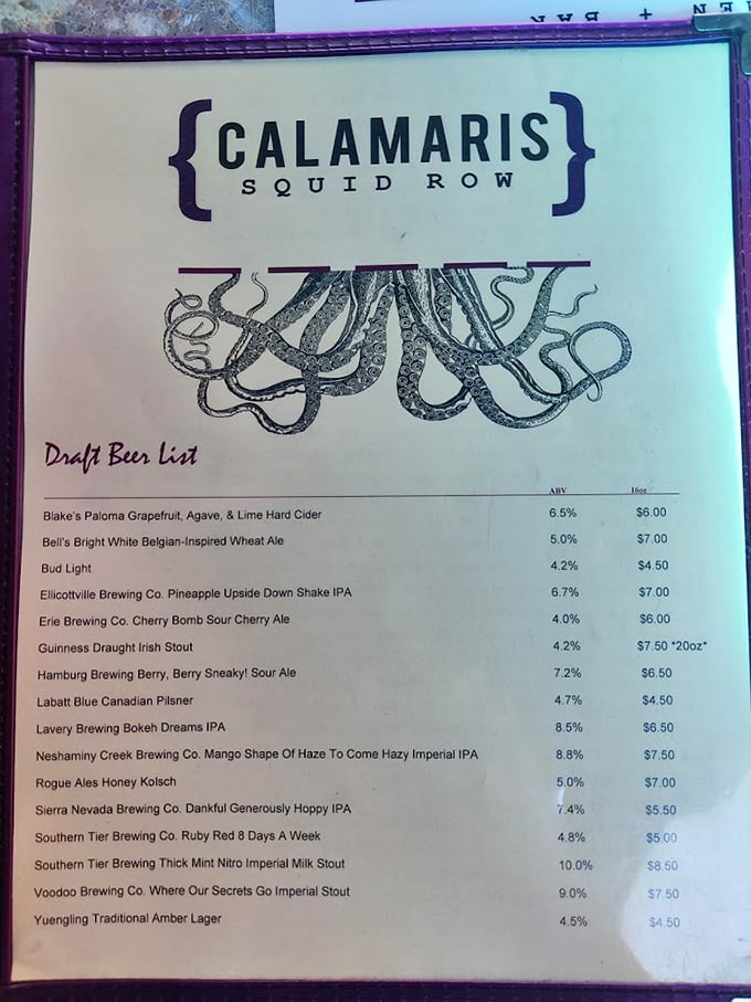 The draft beer menu features an octopus illustration that seems to say, "Stay awhile and try something local," like Erie Brewing's Cherry Bomb.
