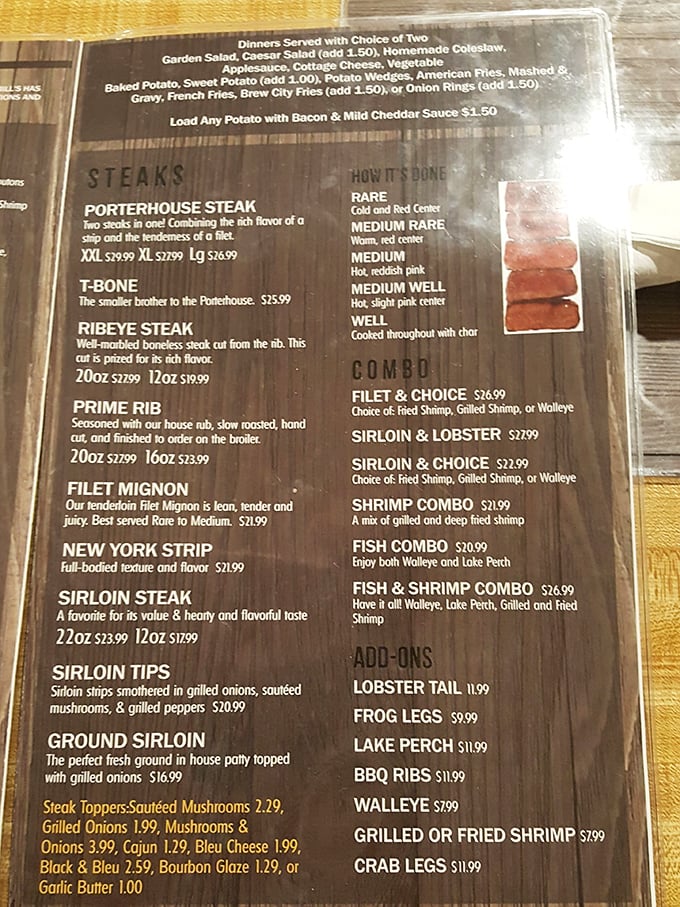 The menu at Bill's reads like a carnivore's love letter – that Porterhouse description alone is enough to make your mouth water from three counties away.