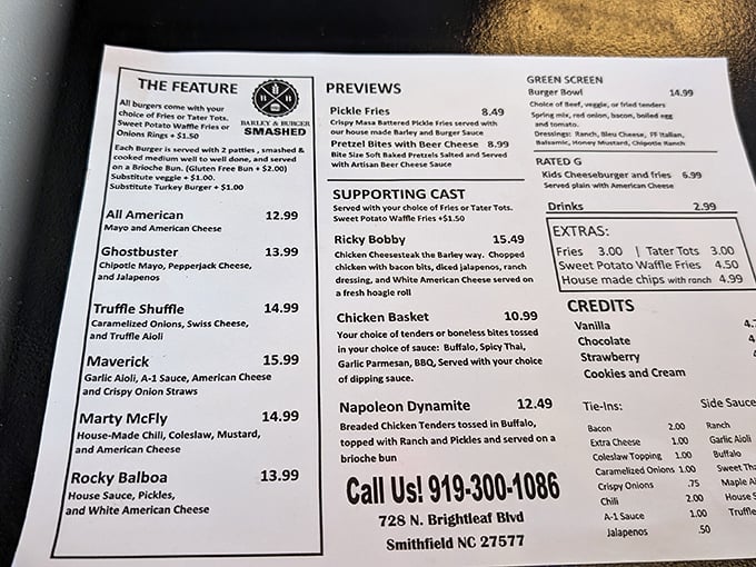 This menu reads like a blockbuster lineup where every burger deserves top billing. The "Marty McFly" might just transport you back in time.