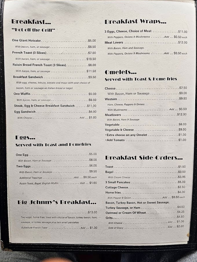 This menu reads like a love letter to breakfast traditionalists, offering everything from simple perfection to elaborate morning masterpieces.