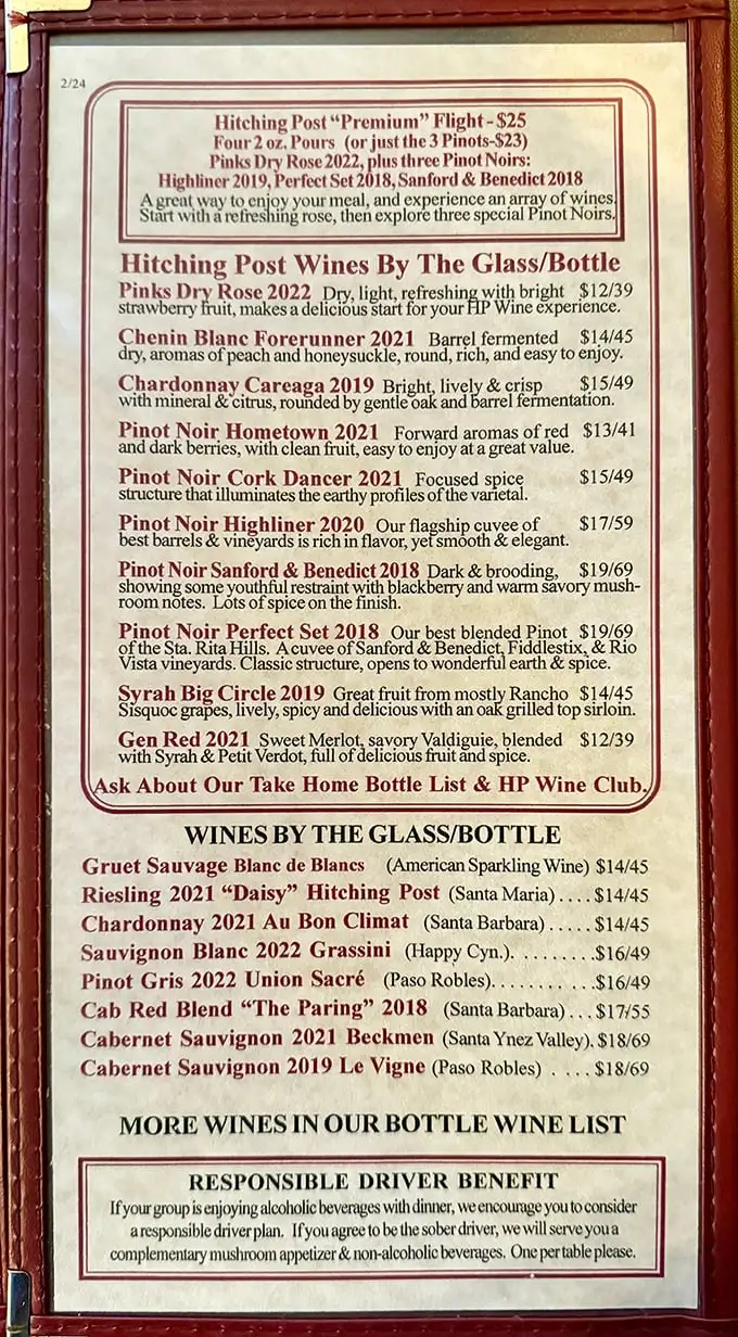 This wine list isn't just a menu—it's a love letter to Santa Barbara County viticulture. The Pinot Noir selection alone could make a wine lover weep with joy.